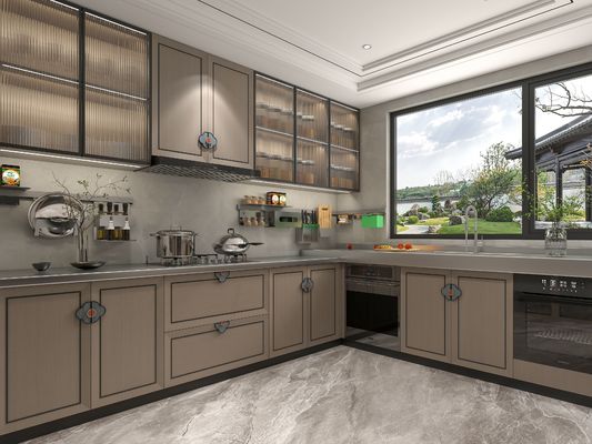 New Chinese Style Teak Wood Grain Kitchen Cabinet U Shaped Kitchen ...